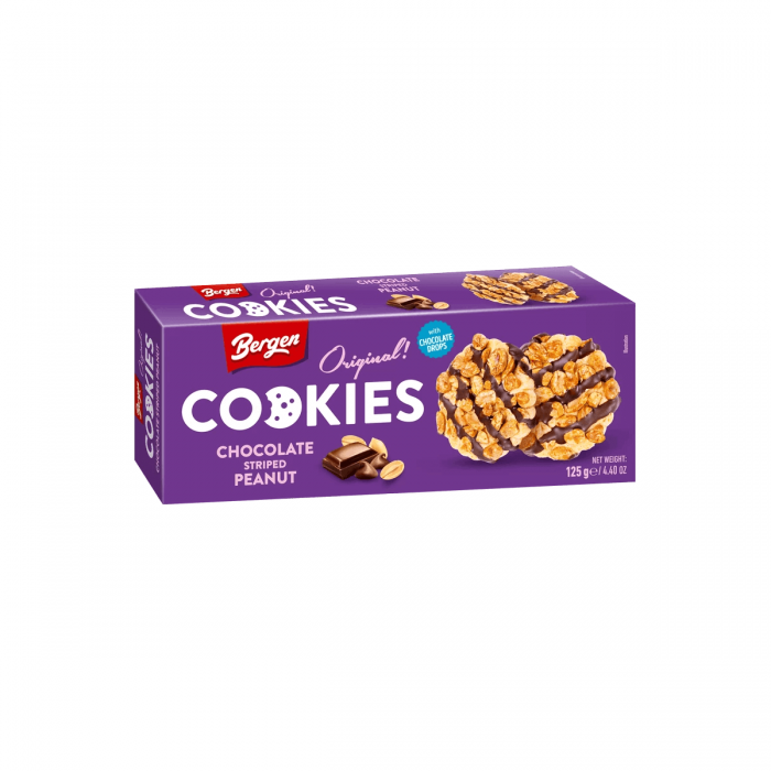 Köp Bergen Chocolate Striped Peanut Cookies 125g hos Coopers Candy