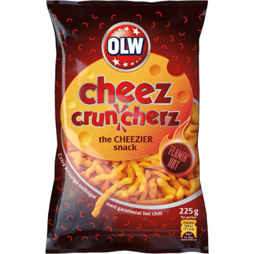 Köp OLW Cheez Cruncherz Flamin Hot 225g hos Coopers Candy