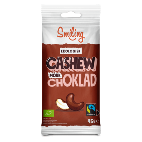 Köp Smiling Cashew Mörk Choklad EKO 45g hos Coopers Candy